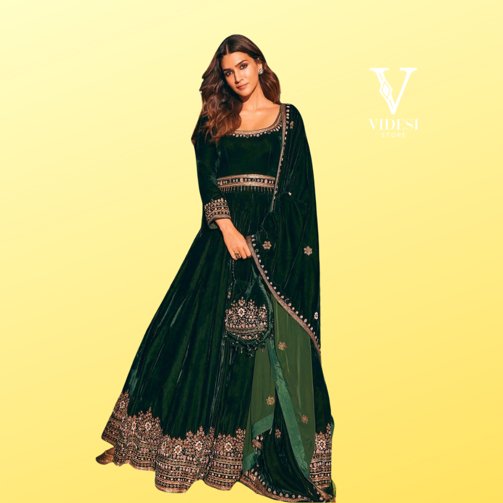 Advika Lavish Dark Green Heavy Velvet Heavy Embroidered Sequined Lehen